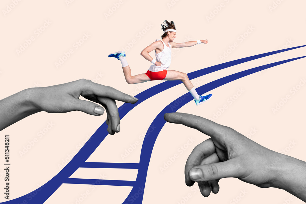 Full length collage photo of energetic man running forward to achieve ...