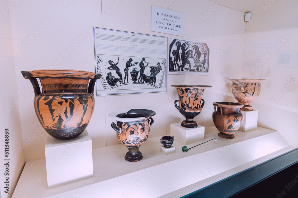 28 May 2022, Antalya, Turkey: Classical Greek clay vases and jugs with ...