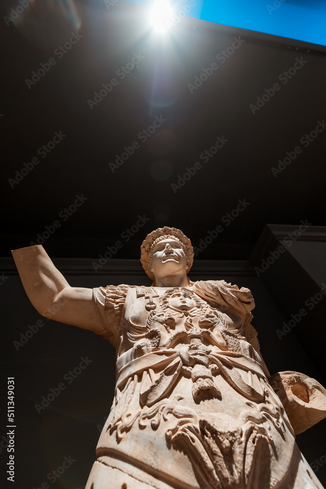 A view from below of the majestic and dominating figure of the Trajan ...