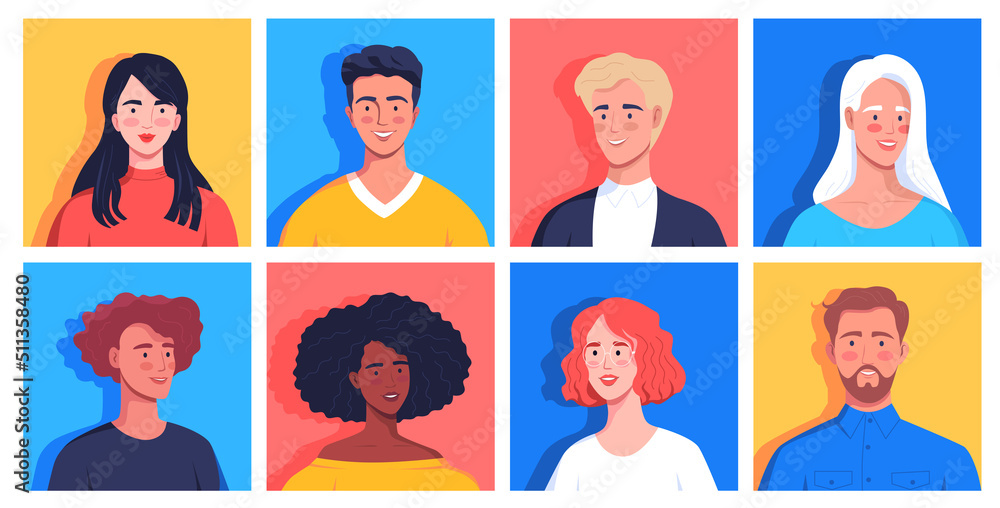 Different cute cartoon people characters portraits with colorful ...