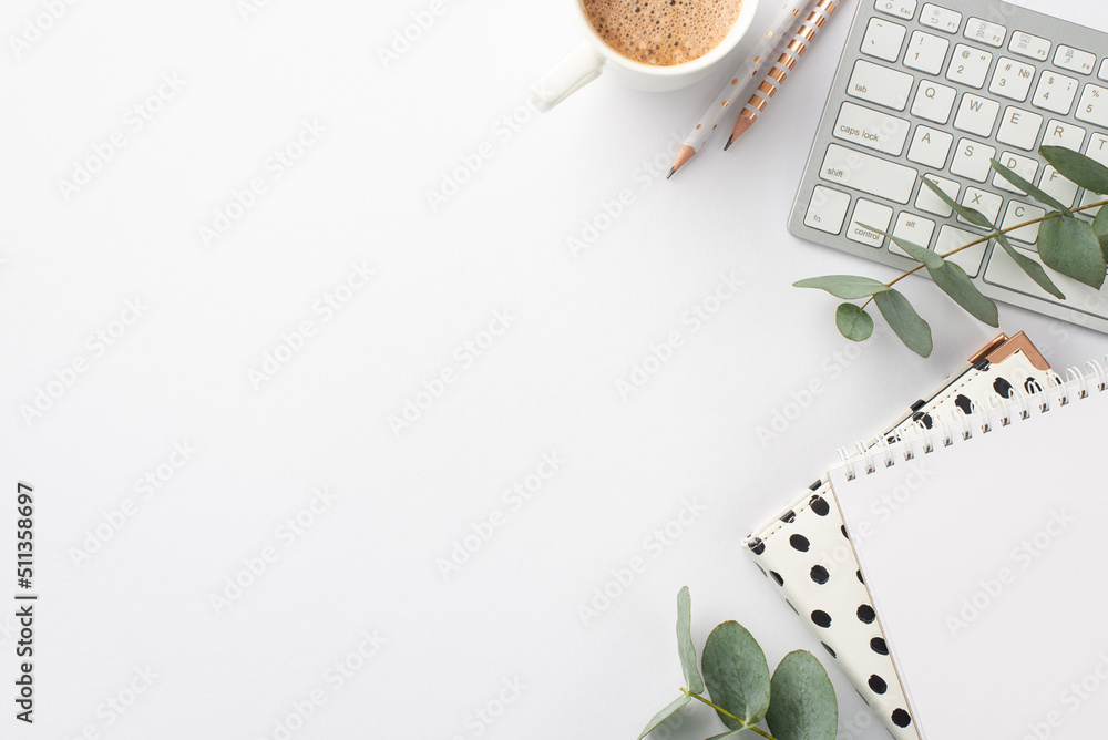 Business concept. Top view photo of workplace keyboard stylish notepads ...