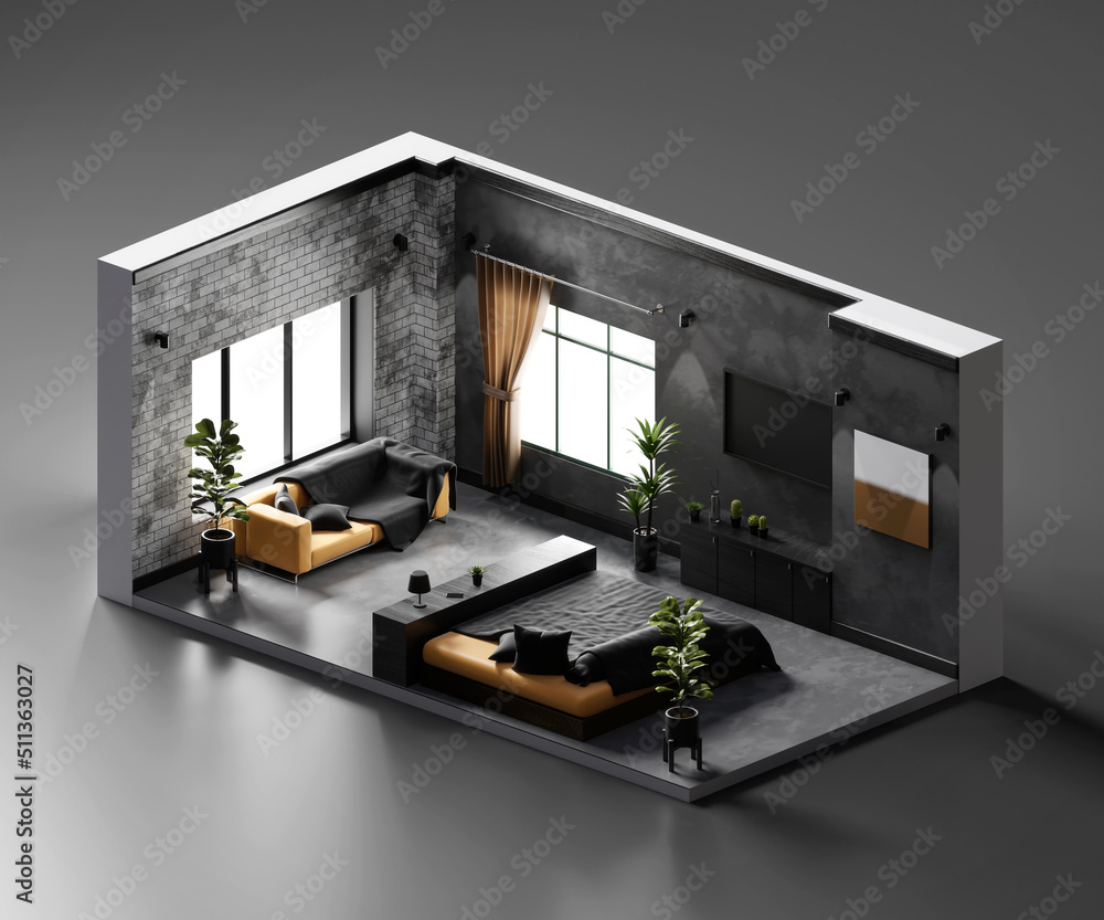 Isometric view living room open inside interior architecture, 3d ...