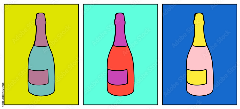 Champagne Bottle Hand Drawing Vector Illustration Alcoholic Drink. Pop ...