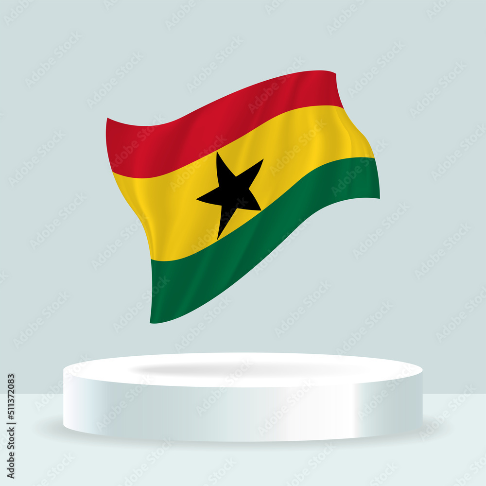 Ghana flag. 3d rendering of the flag displayed on the stand. Waving ...