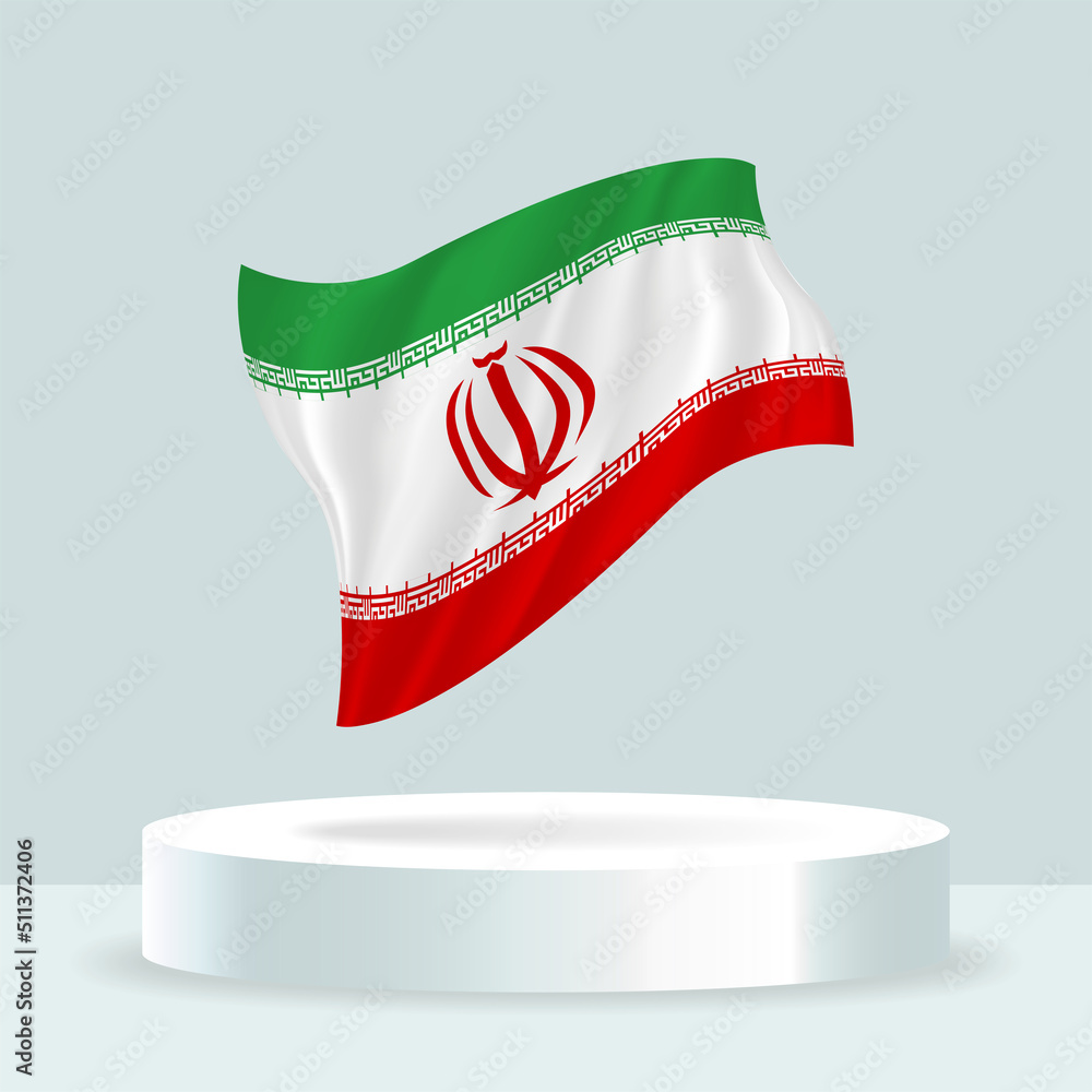 Iran flag. 3d rendering of the flag displayed on the stand. Waving flag ...