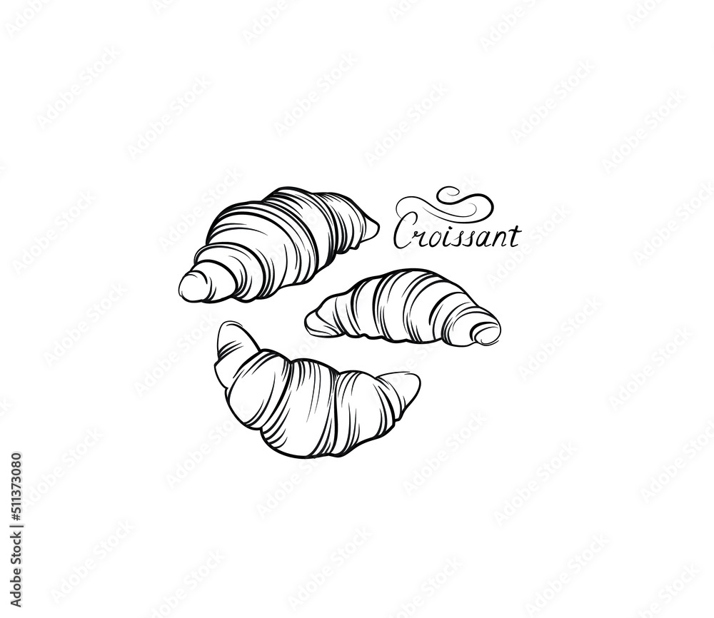 Croissant french food icon set. Bakery food hand drawing line art over ...