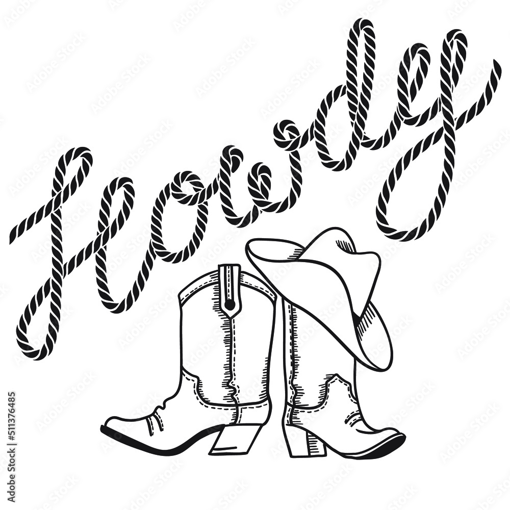 Vetor de Howdy text with cowboy boots and hat. Vector lasso text and ...