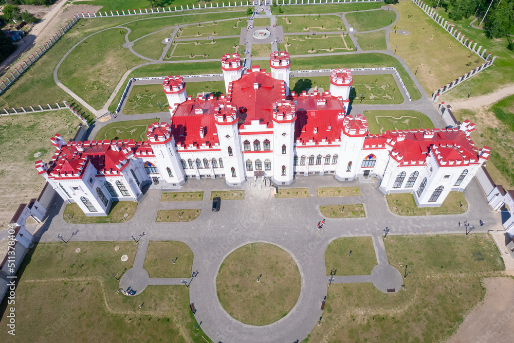 Kossovo castle with beautiful red roof. Restored ancient castle-palace ...