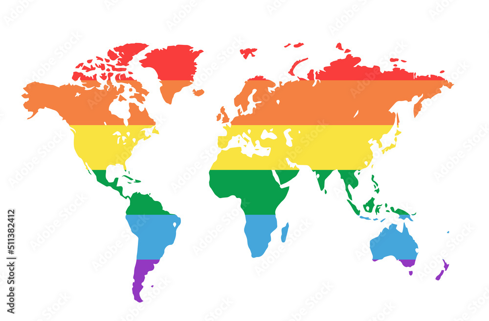 Vector map of the world in the colors of the lgbt flag. Peaceful world ...
