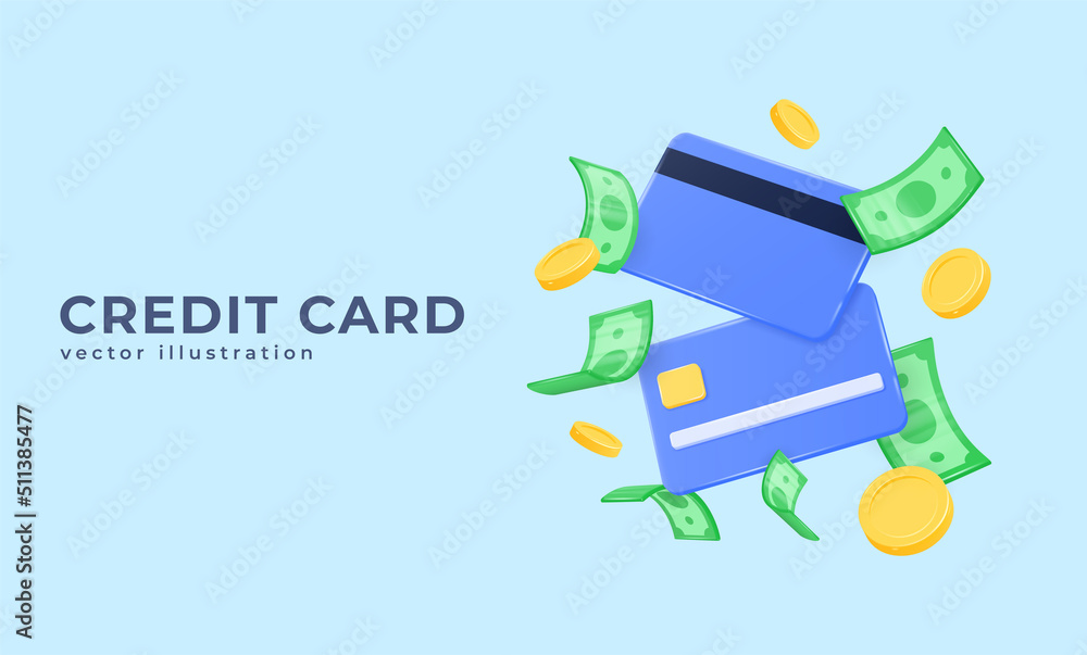 credit cards, green dollars and gold coins in flight. vector realistic ...