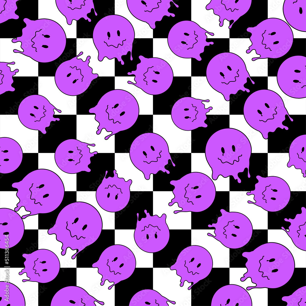 Funny smile dope faces seamless pattern. psychedelic surreal techno ...