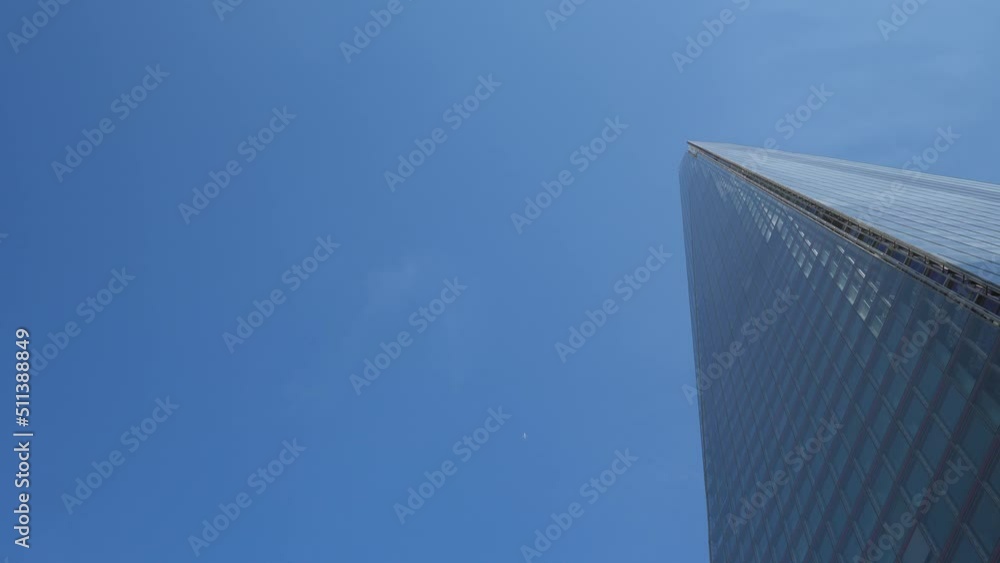 Airplane Flight Over Business Center Of Skyscrapers At London. Bottom ...
