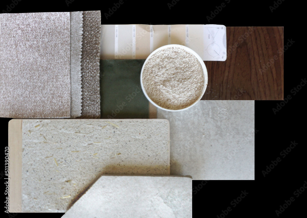 Top view mood board. Material samples. Natural colors in black ...