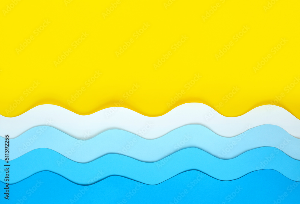 Seashore made of color paper. Yellow beach sand background with copy ...