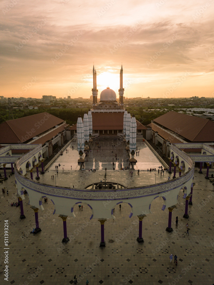 Beautiful great mosque which have towers and big hall with orange ...