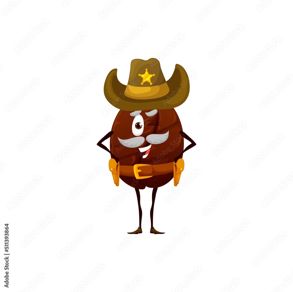 Cartoon coffee bean ranger or sheriff character. Funny vector cowboy ...