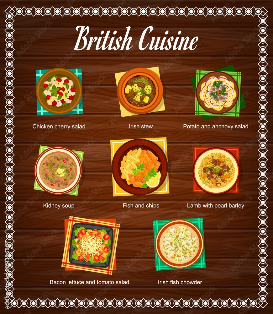 British cuisine menu page. Chicken cherry salad, Irish stew, potato and ...
