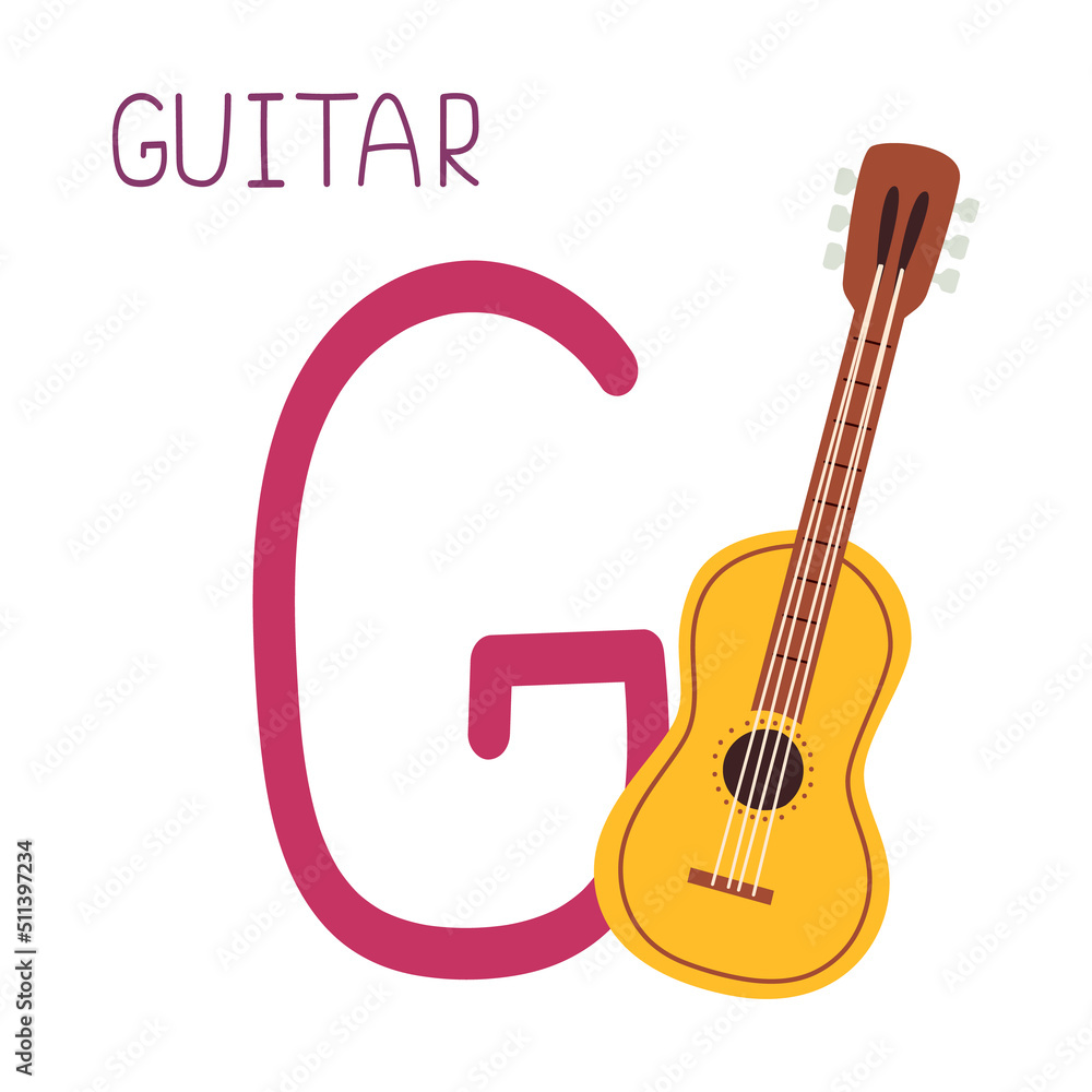 Capital letter G of English childish alphabet with guitar. Cute kids ...