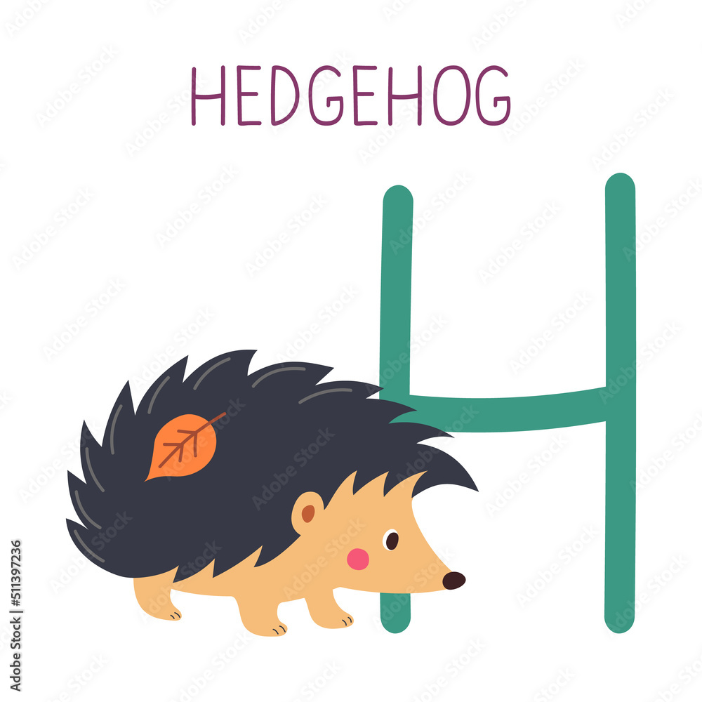 Capital letter H of English childish alphabet with hedgehog. Cute kids ...