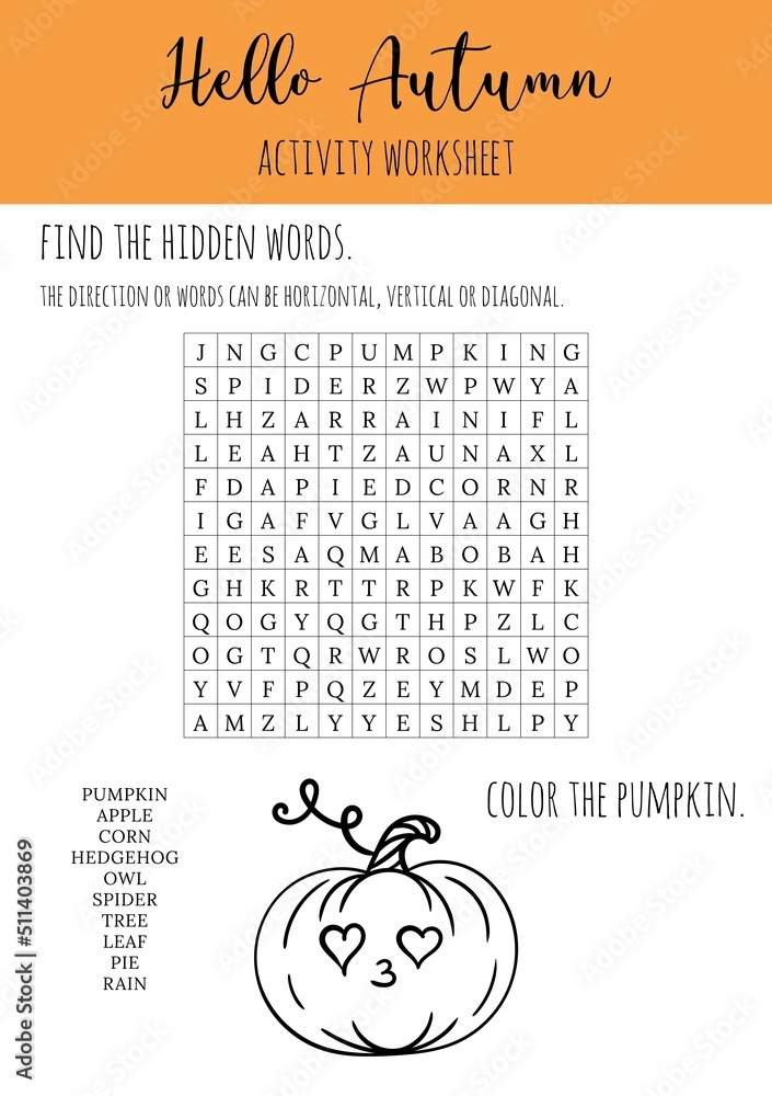 Hello Autumn word search puzzle for children, coloring page pumpkin ...