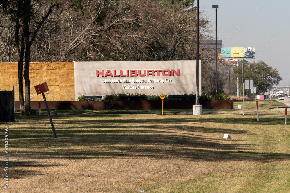 Houston, Texas, USA - March 2, 2022: Halliburton ground sign at the ...