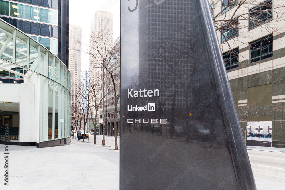Chicago, Illinois, USA - March 29, 2022: A directory sign with Katten ...
