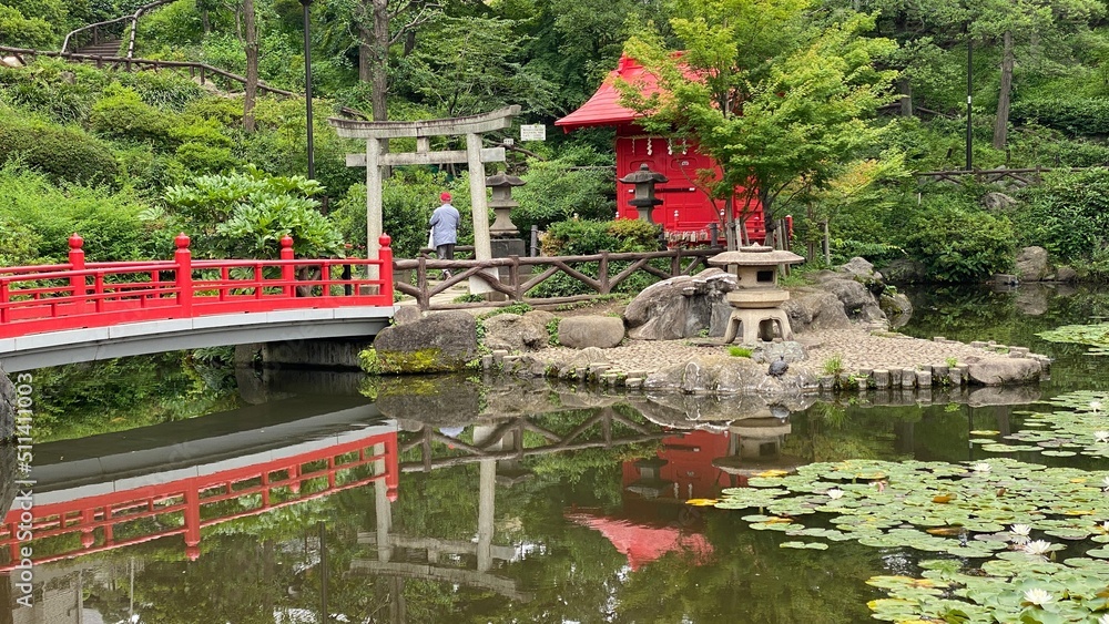 Cute little Japanese zen scenery, a park in downtown Tokyo “Sendagi ...