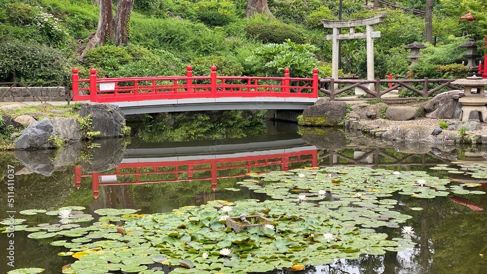 Cute little Japanese zen scenery, a park in downtown Tokyo “Sendagi ...