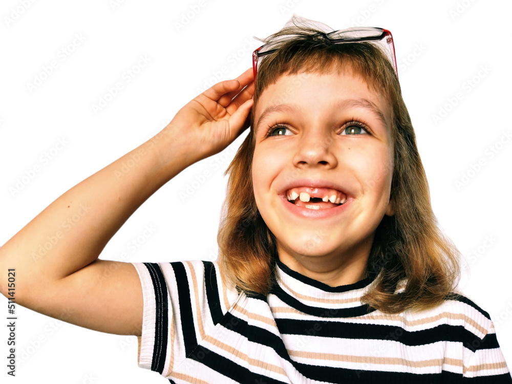 A 7-year-old Caucasian girl smiles and raises her glasses. Child ...
