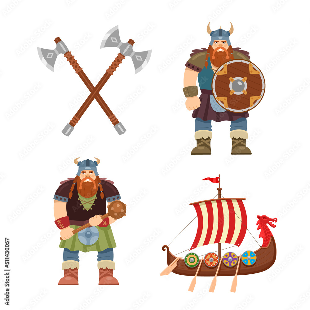 Viking character, weapon and boat. Vector set. Cartoon style, flat ...