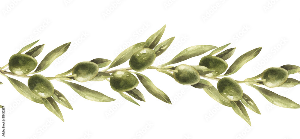 Poster Watercolor seamless border with green olive branch isolated on ...