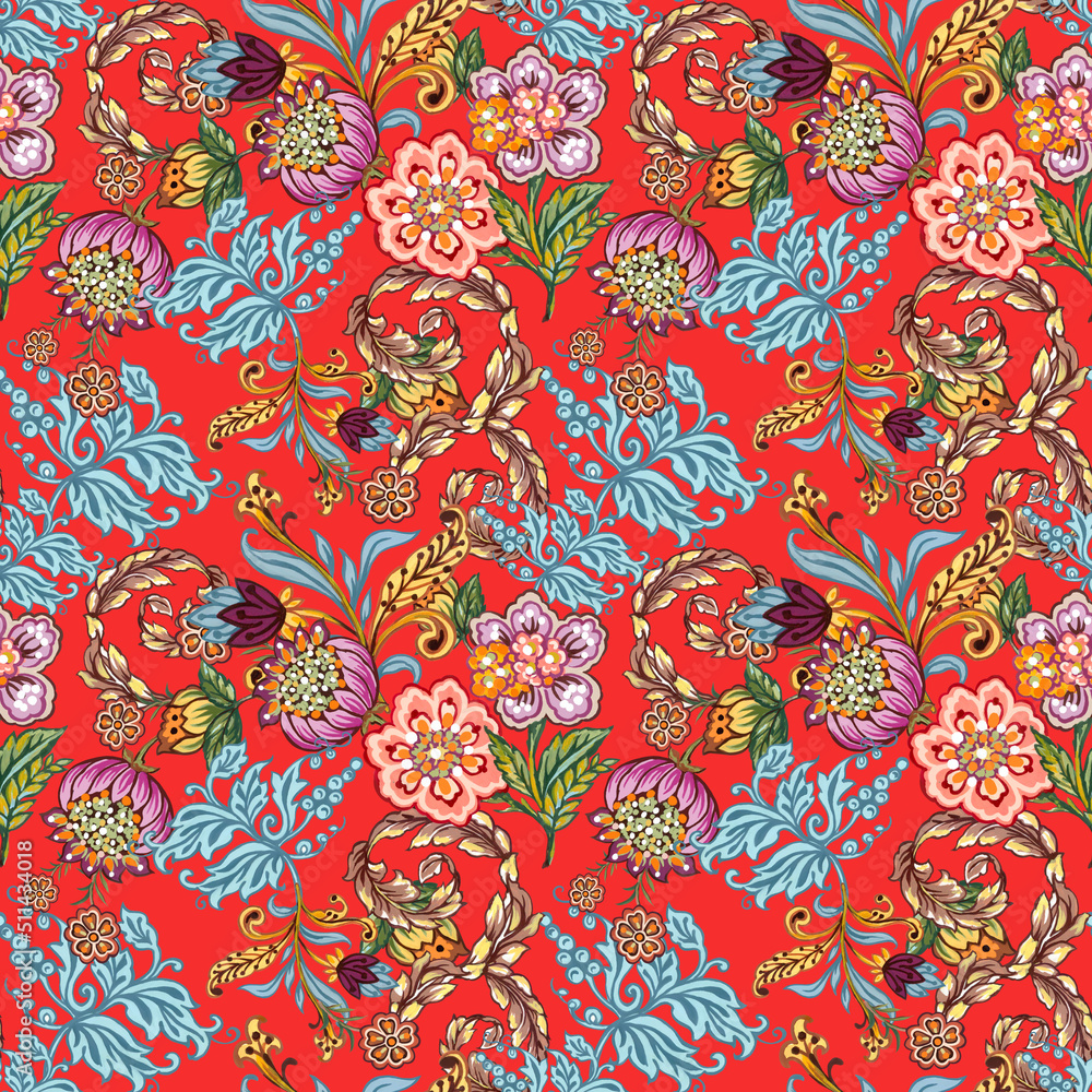 Floral seamless folk pattern, ethnic native flowers, watercolor ...