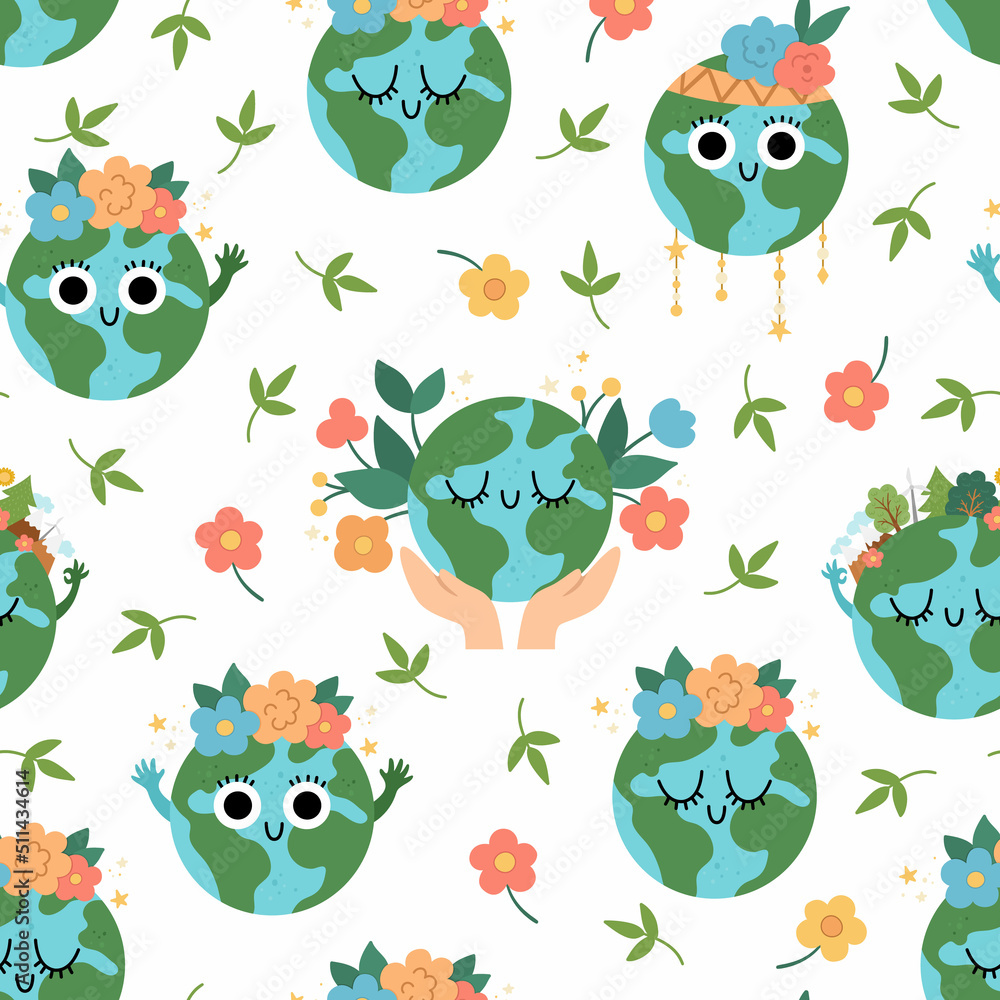 Vector earth seamless pattern for kids. Earth day repeat background ...
