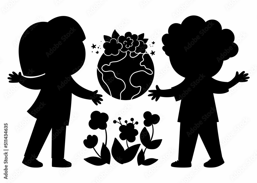 Cute eco friendly silhouette with kids holding earth in hands. Boy and ...