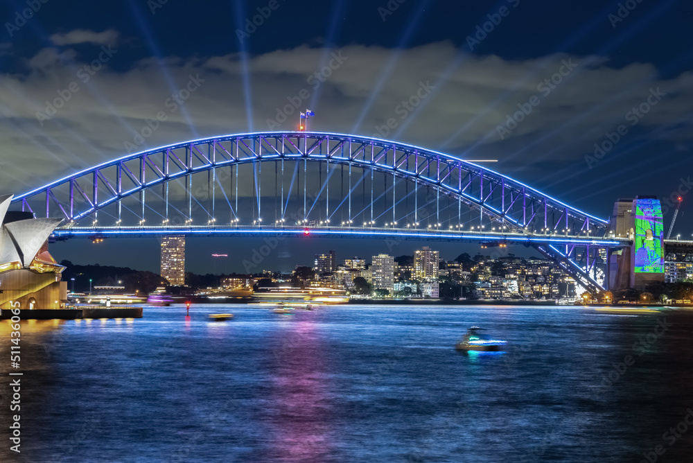 Colourful Light show at night on Sydney Harbour NSW Australia. The ...