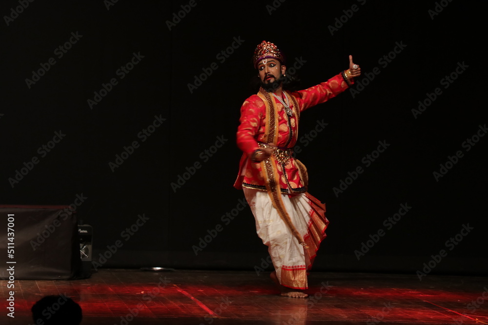 dancer in red dress. indian traditional acting dance performance Stock ...