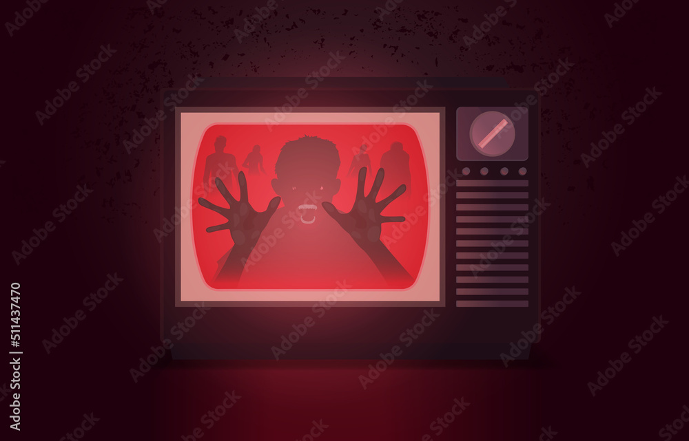 Evil spirit of revenge trapped in the vintage television screen on red ...