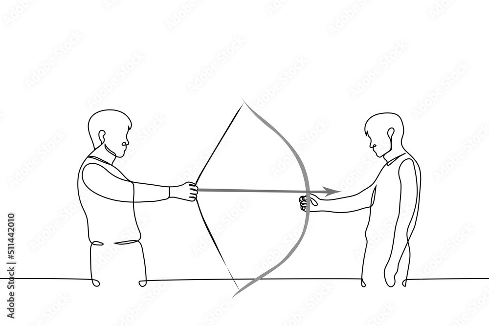 man aiming an arrow at another who is holding his bow - one line ...