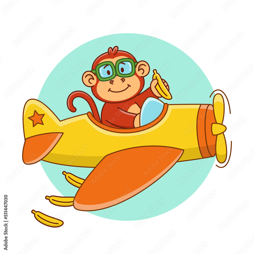 Cartoon illustration of a cute monkey flying in an airplane Stock ...
