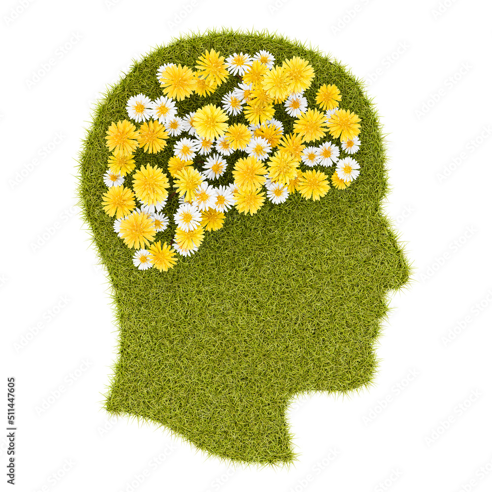 Flowery Grassy Human Head Profile with Flowers in the Shape of a Brain ...