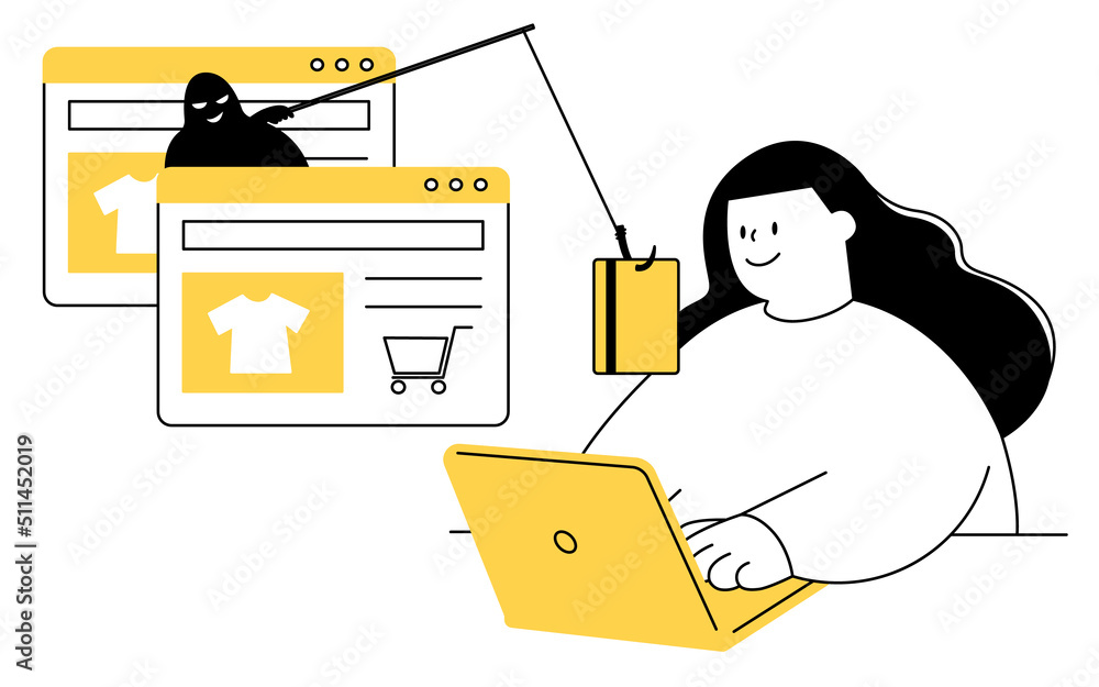 Vector illustration of a woman who is the victim of a phishing scam ...