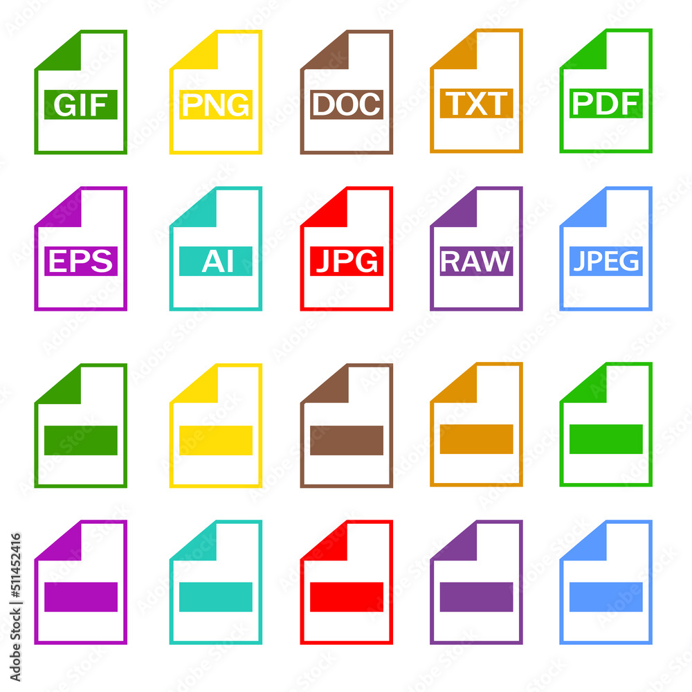 Symbol set file formats. Set of Document File Formats icons. File extensions diverse icons set ...