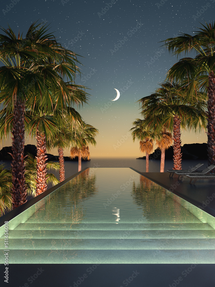3d rendering of a summer night lounge hotel pool dreamscape environment ...