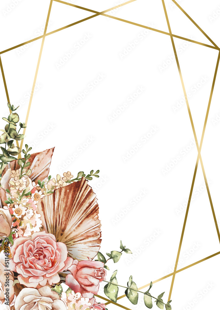 watercolor illustration. Gold geometry frame in boho style, peony roses ...