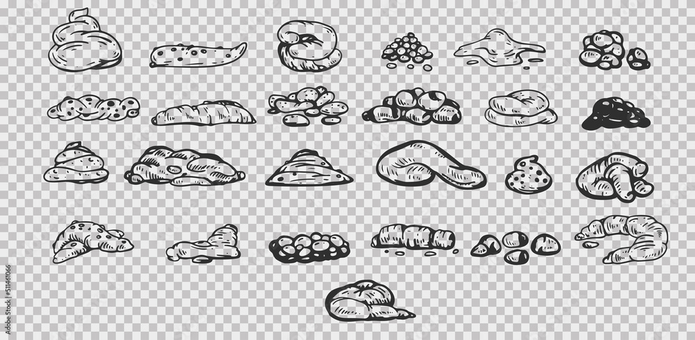 Big collection cartoon doodle funny silhouettes poop. Set of hand drawn ...
