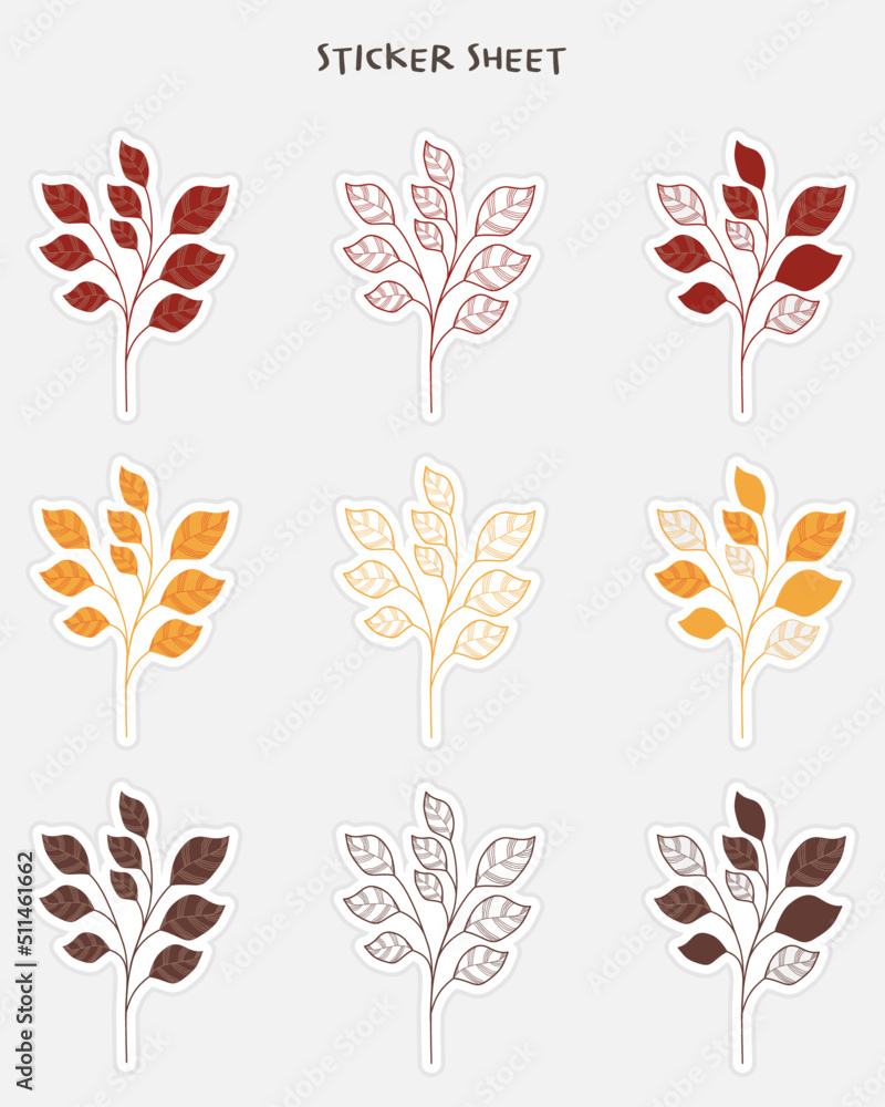 Vector set of cute stickers with delicate colorful leaf. Bullet journal ...