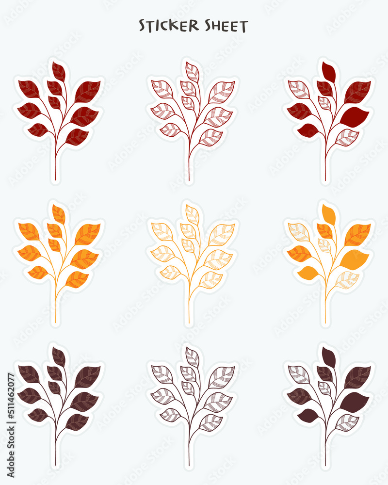 Vector set of cute stickers with delicate colorful leaf. Bullet journal ...