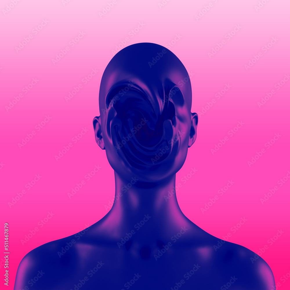 Abstract concept illustration from 3D rendering of frontal messy face ...