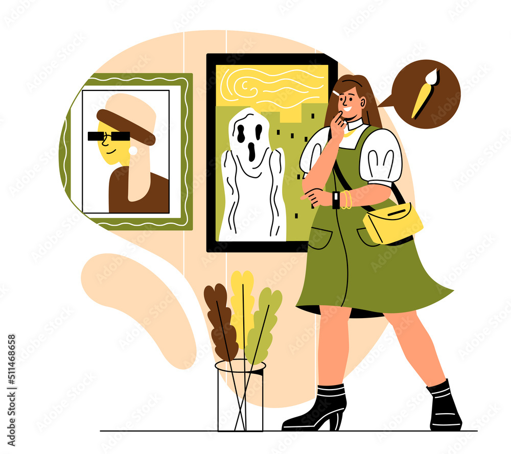 Basic human needs. Girl looks at paintings, art. Creative personality ...