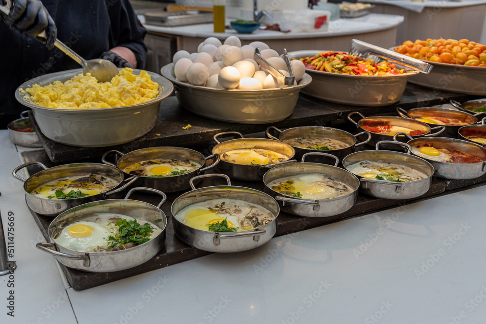 Typical Israeli breakfast buffet at any hotel. Egg buffet with hard ...